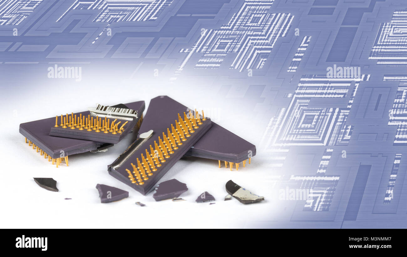 Broken computer processor on abstract technical background. Fragments of central processing unit ...