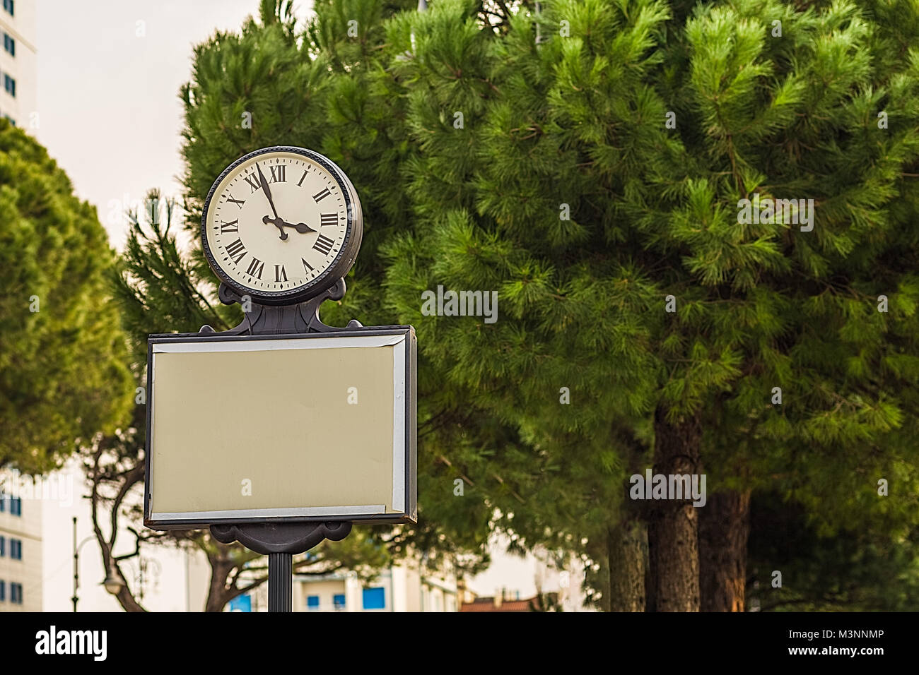 Clock in Town Street with blank signboard on green background Stock ...