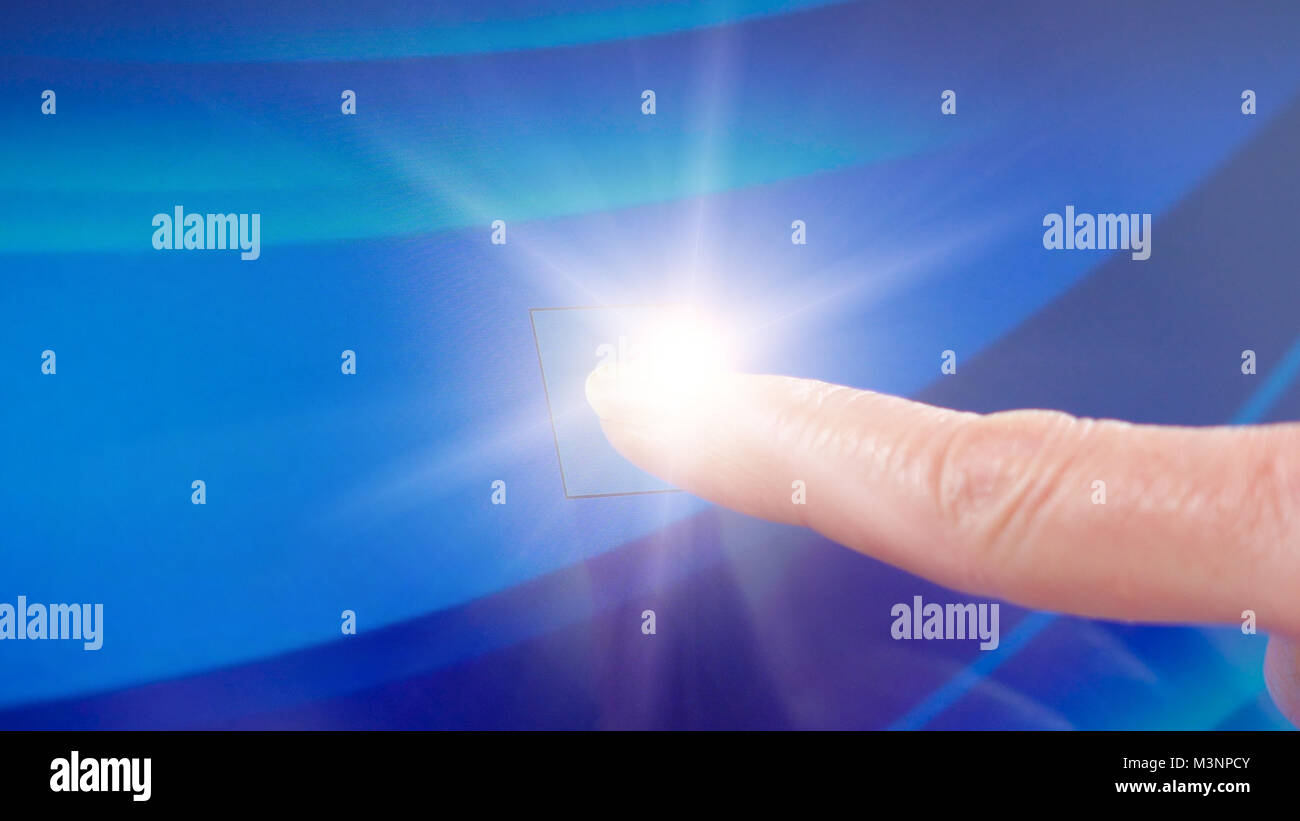 Female touching modern touch screen laptop computer monitor, with lens ...