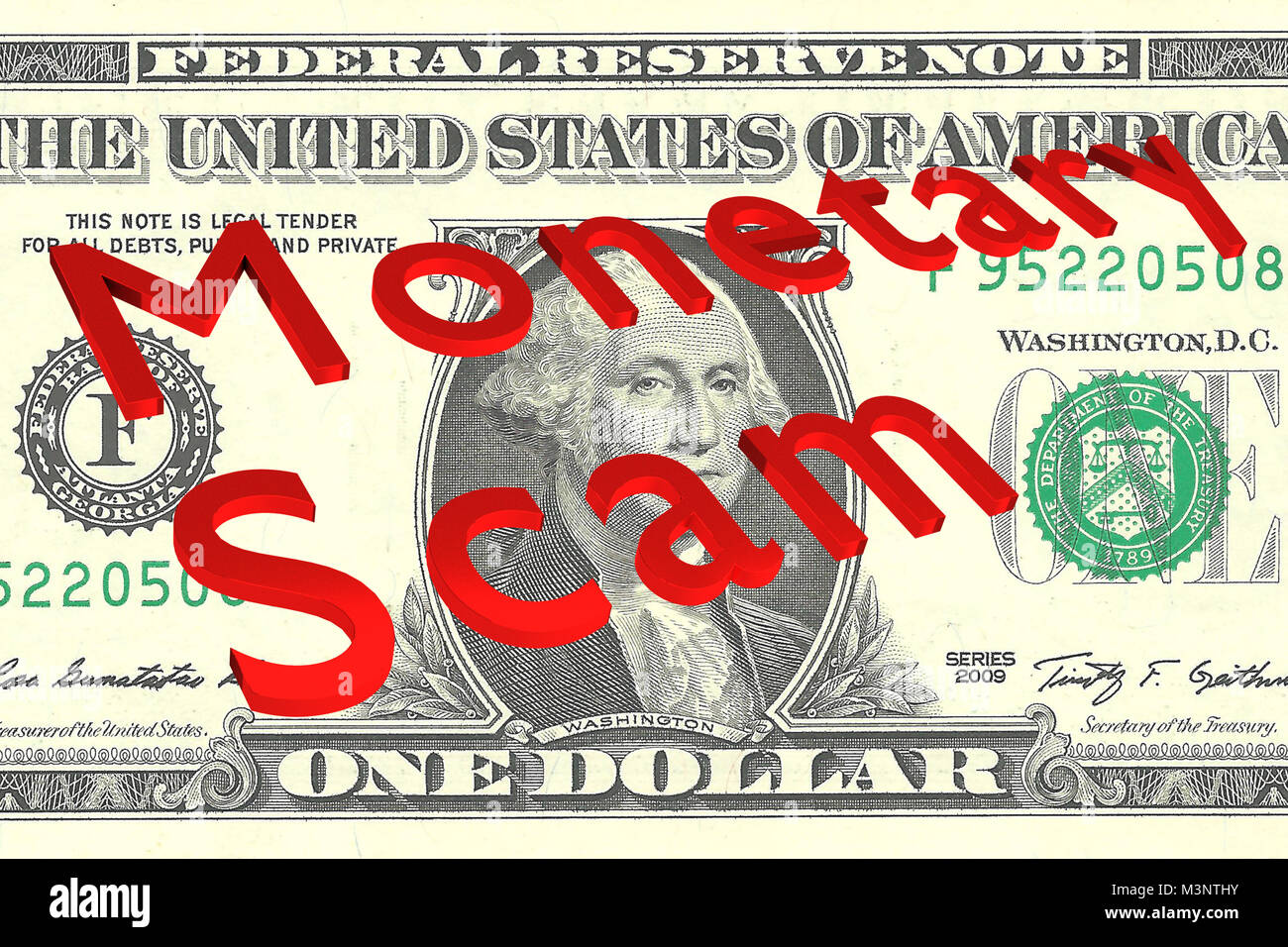 3D illustration of Monetary Scam title on a Dollar bill as a background ...