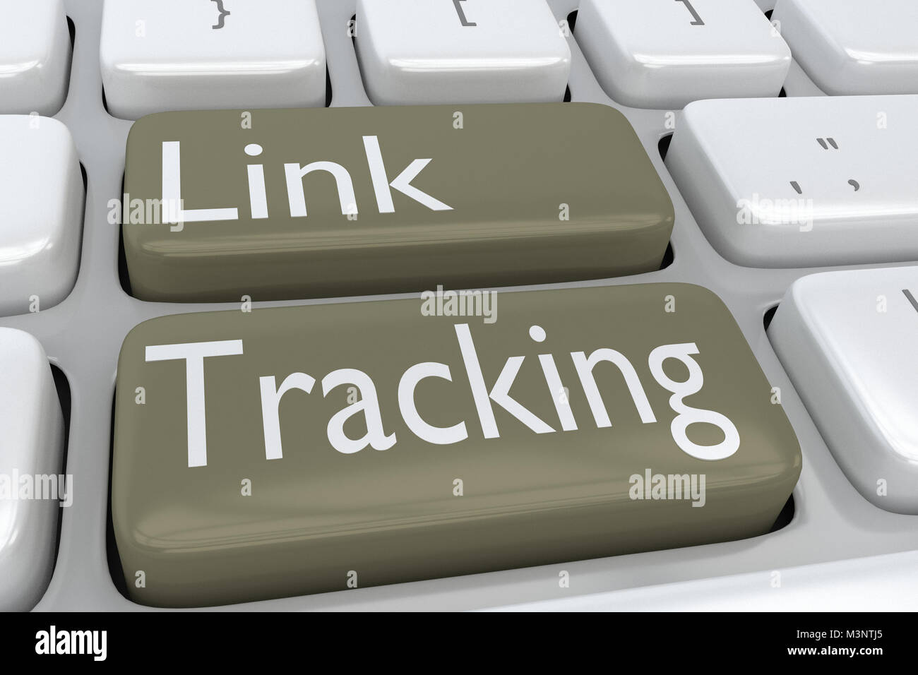 3D illustration of computer keyboard with the script Link Tracking on two adjacent brown buttons ...