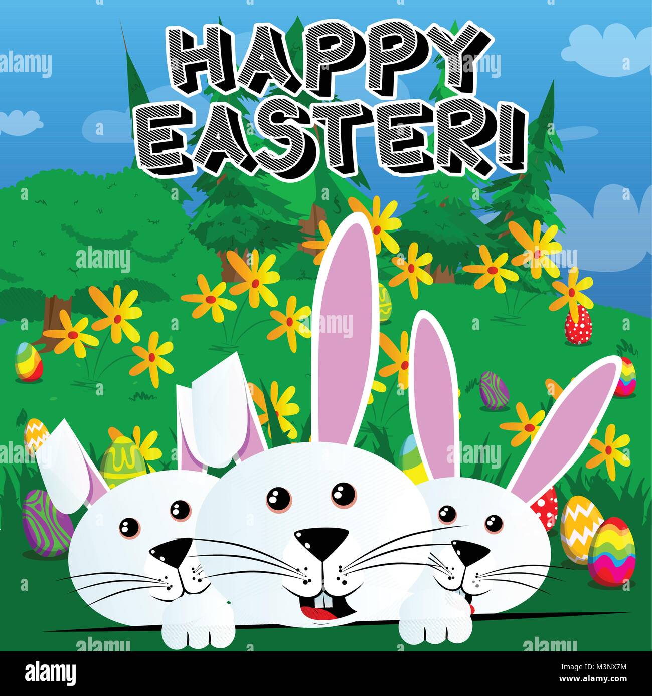 Bunnys with Happy Easter text on green background. Vector cartoon ...