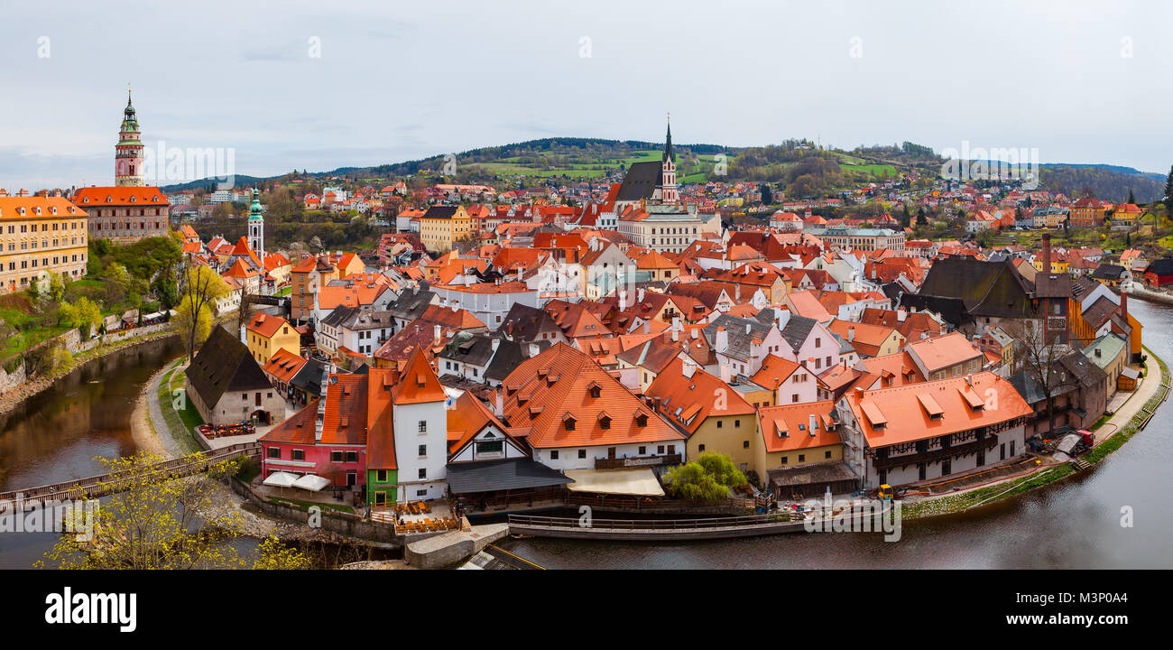 Panoramic aerial view over the old Town of Cesky Krumlov, Czech ...