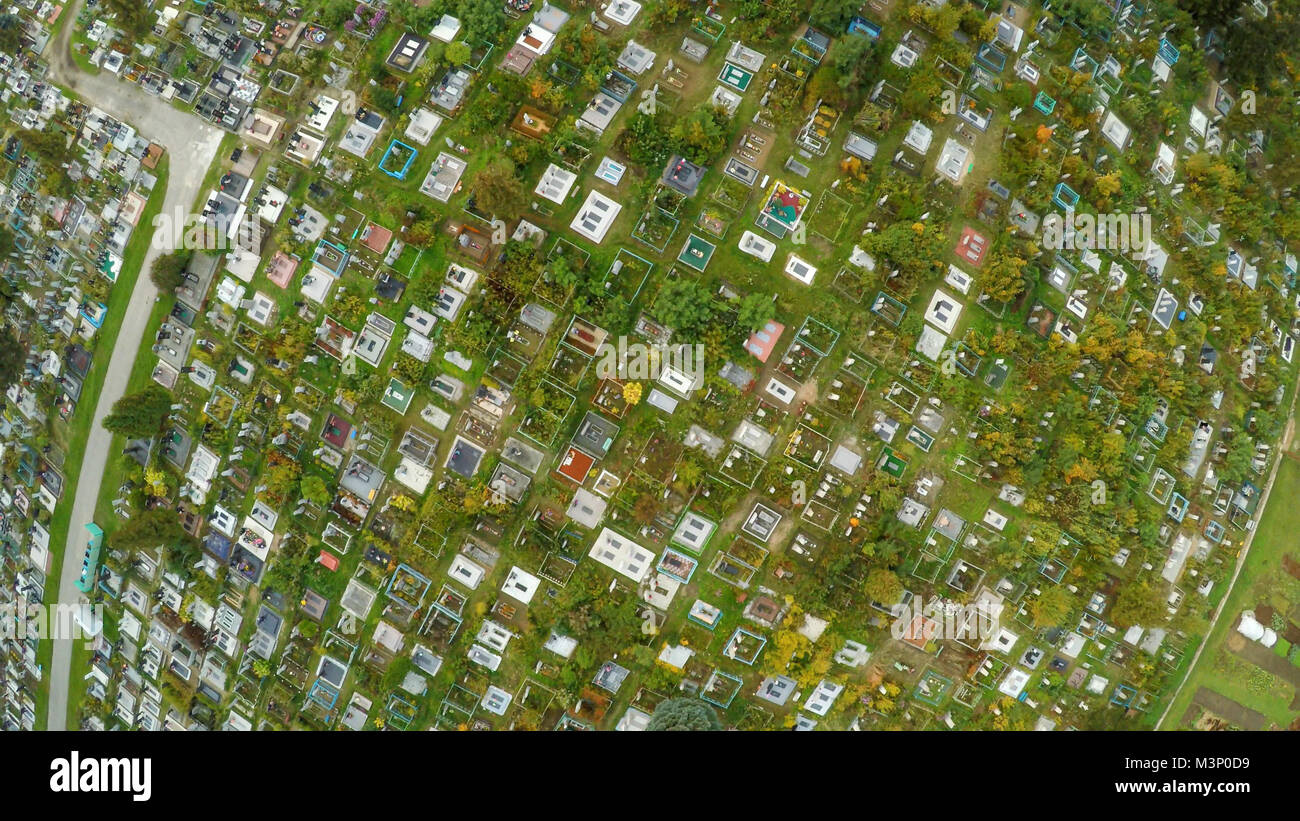 Aerial photo of cemetery graveyard showing the headstones and ...