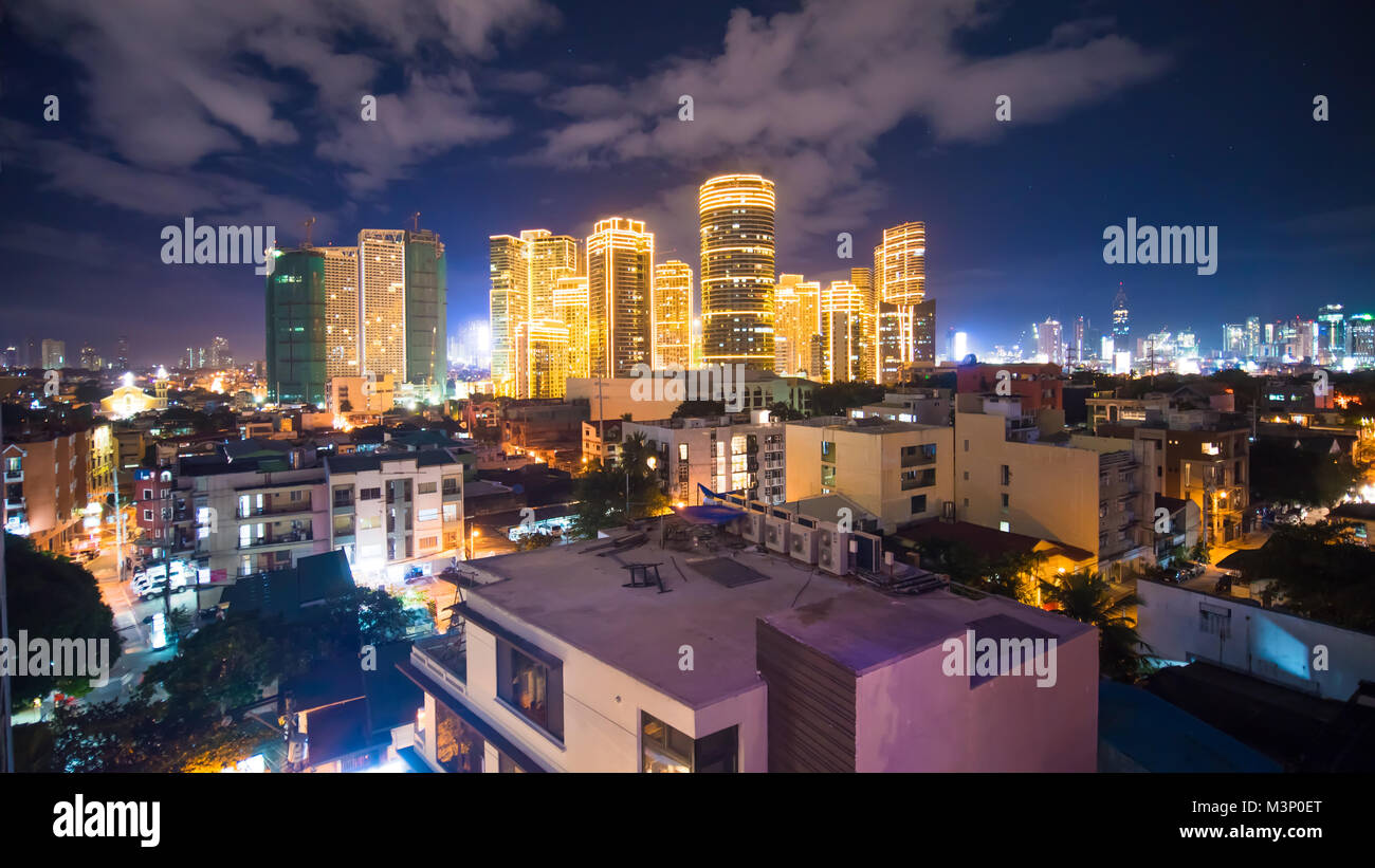 Time lapse view of Makati skyscrapers in Manila city. Skyline at night ...