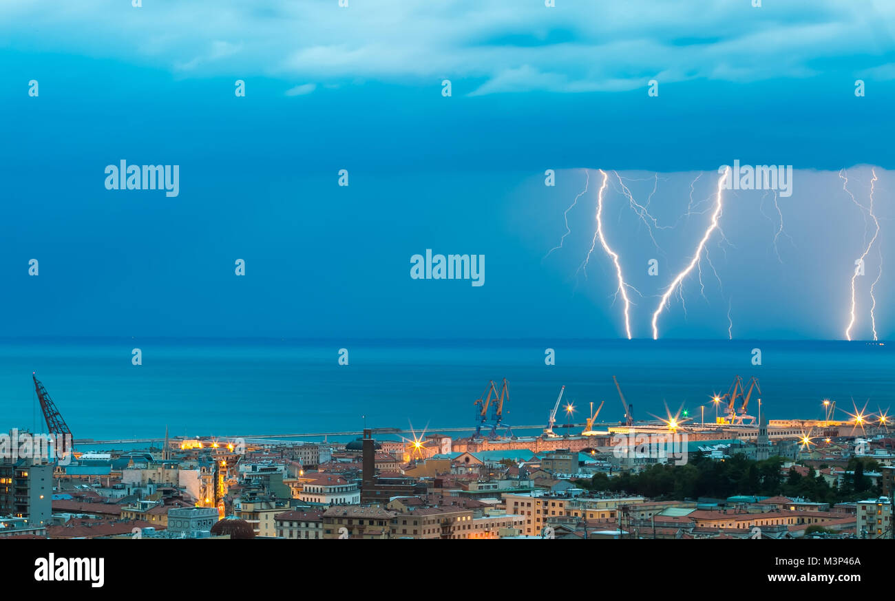 Thunder storm lightning strike on the sea background at night Stock ...