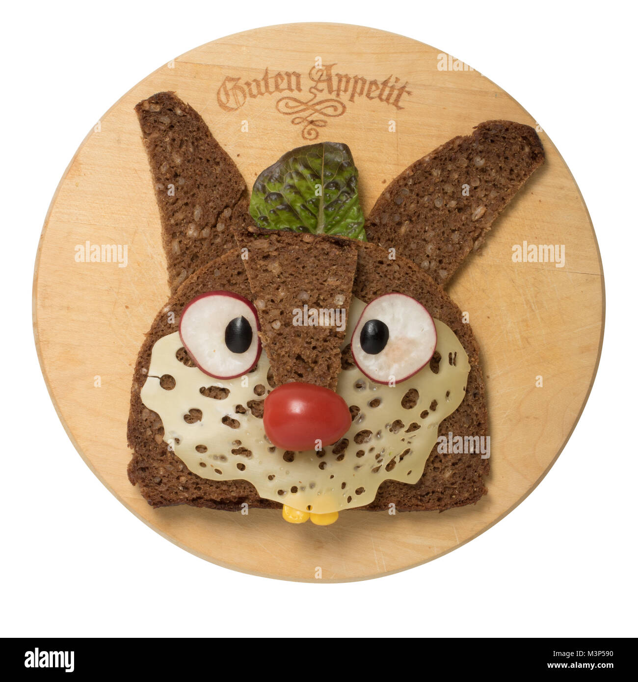 Funny sandwich rabbit made on round cutting board Stock Photo - Alamy