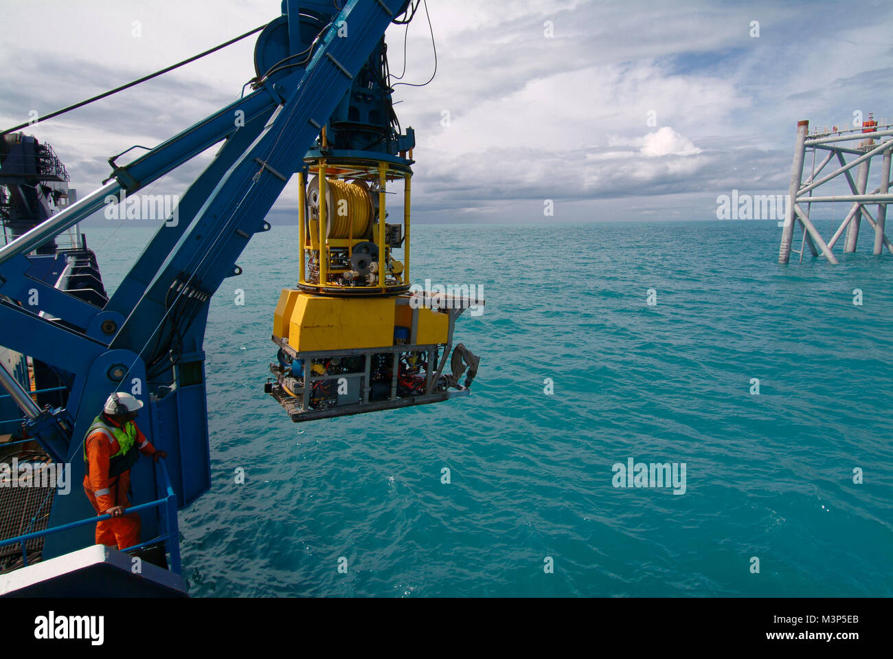 A Workclass ROV (Remotely Operated Vehicle) is deployed from a vessel ...