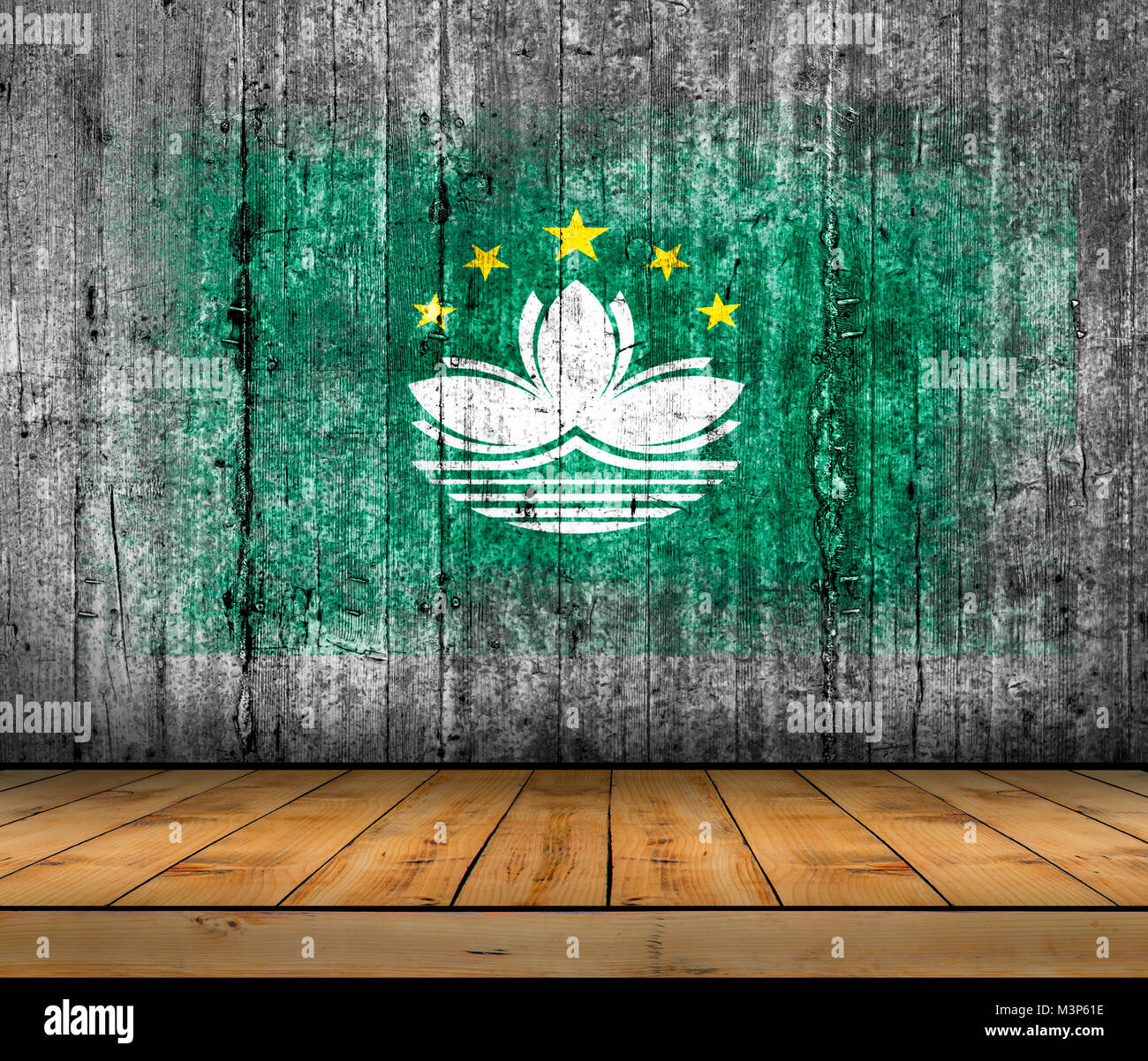 Macau flag painted on background texture gray concrete with wooden ...