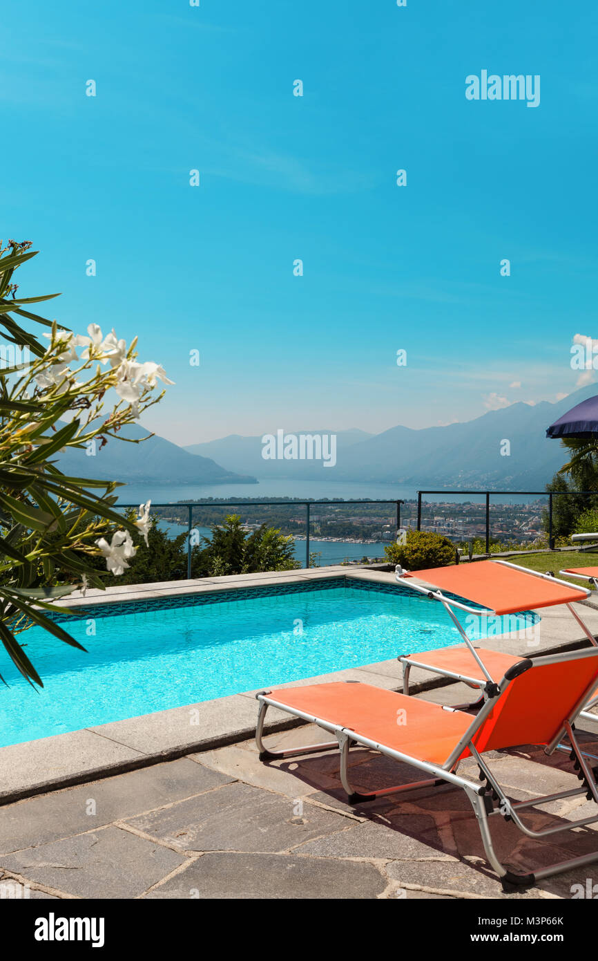 beautiful terrace with swimming pool in a villa on the lake Stock Photo ...