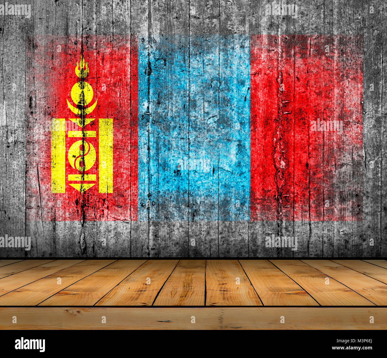 Mongolia flag painted on background texture gray concrete with wooden ...