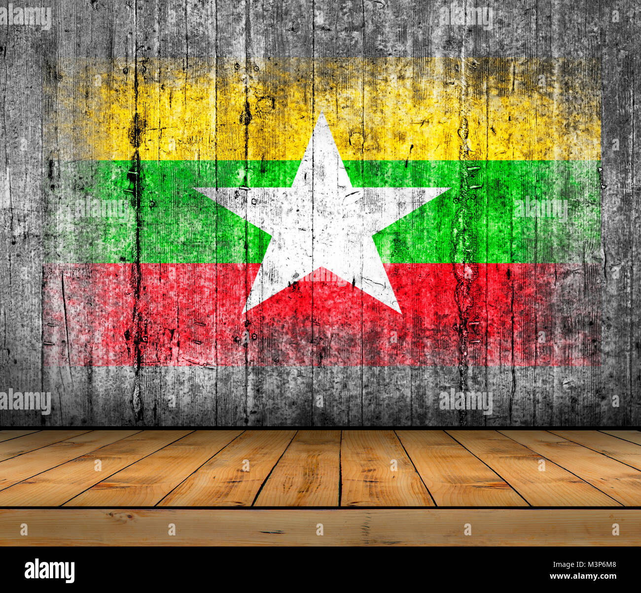 Myanmar flag painted on background texture gray concrete with wooden ...