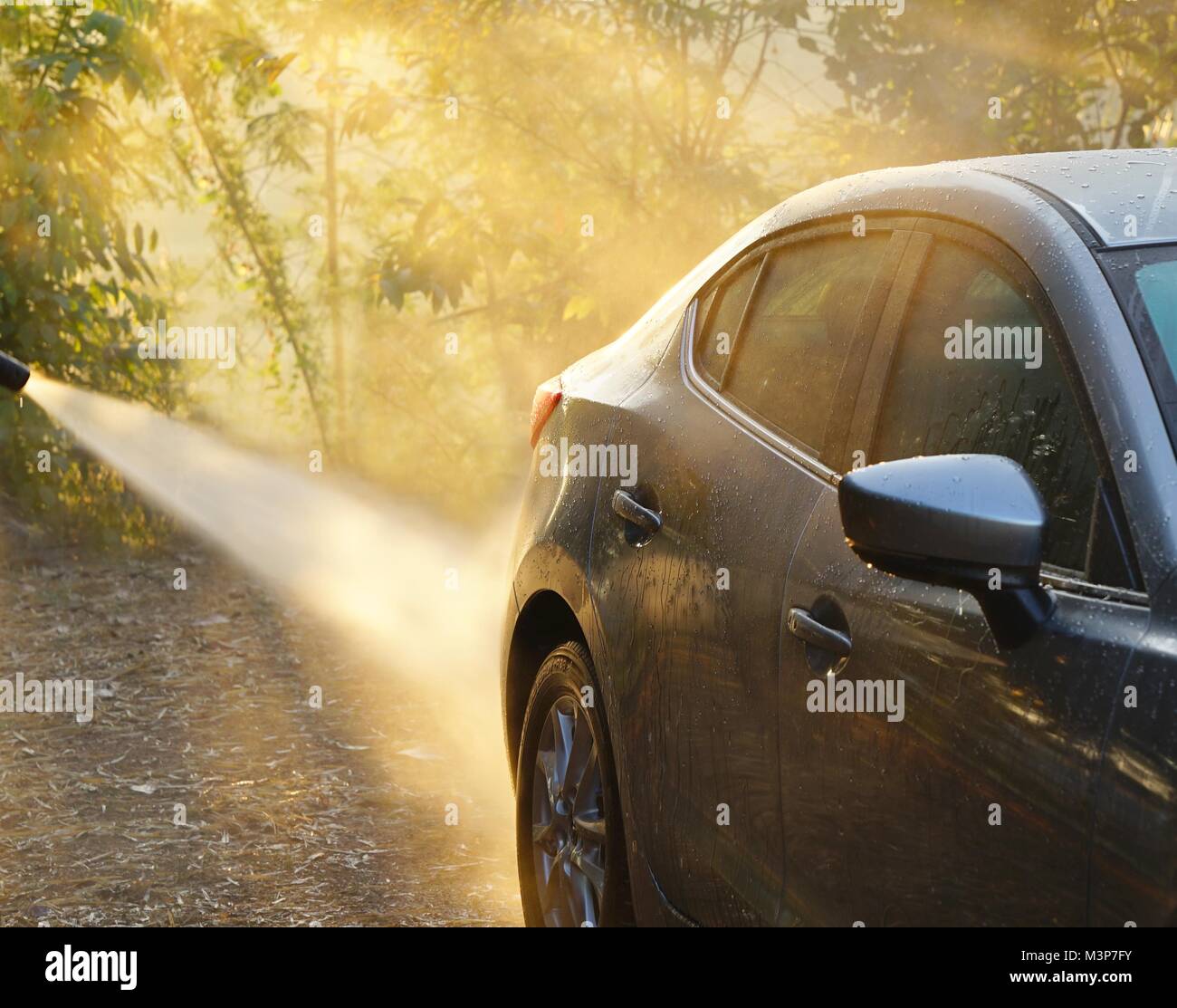 Car Washing. Cleaning grey color car using high pressure water in the ...