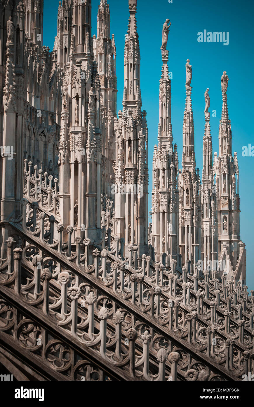 Duomo gothic cathedral of Milan, spires decoration detail, Italy Stock ...