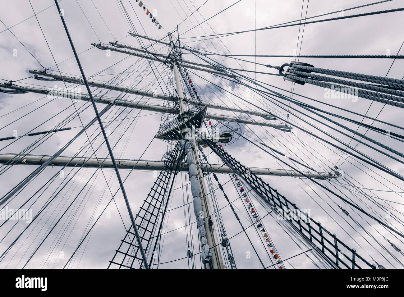 Old sailing ship mast. Tall ship rigging detail. Masts and rigging of a ...
