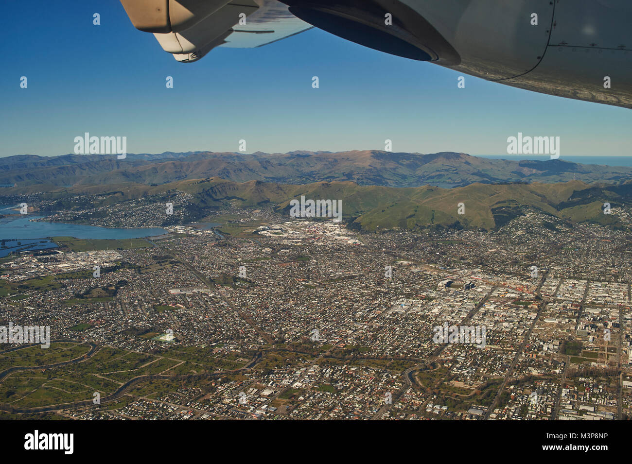 Aerial view of Christchurch showing Akaroa Peninsula to left Stock ...