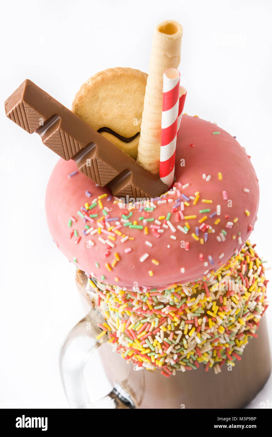 Extreme milkshake or freak shake isolated on white background Stock ...
