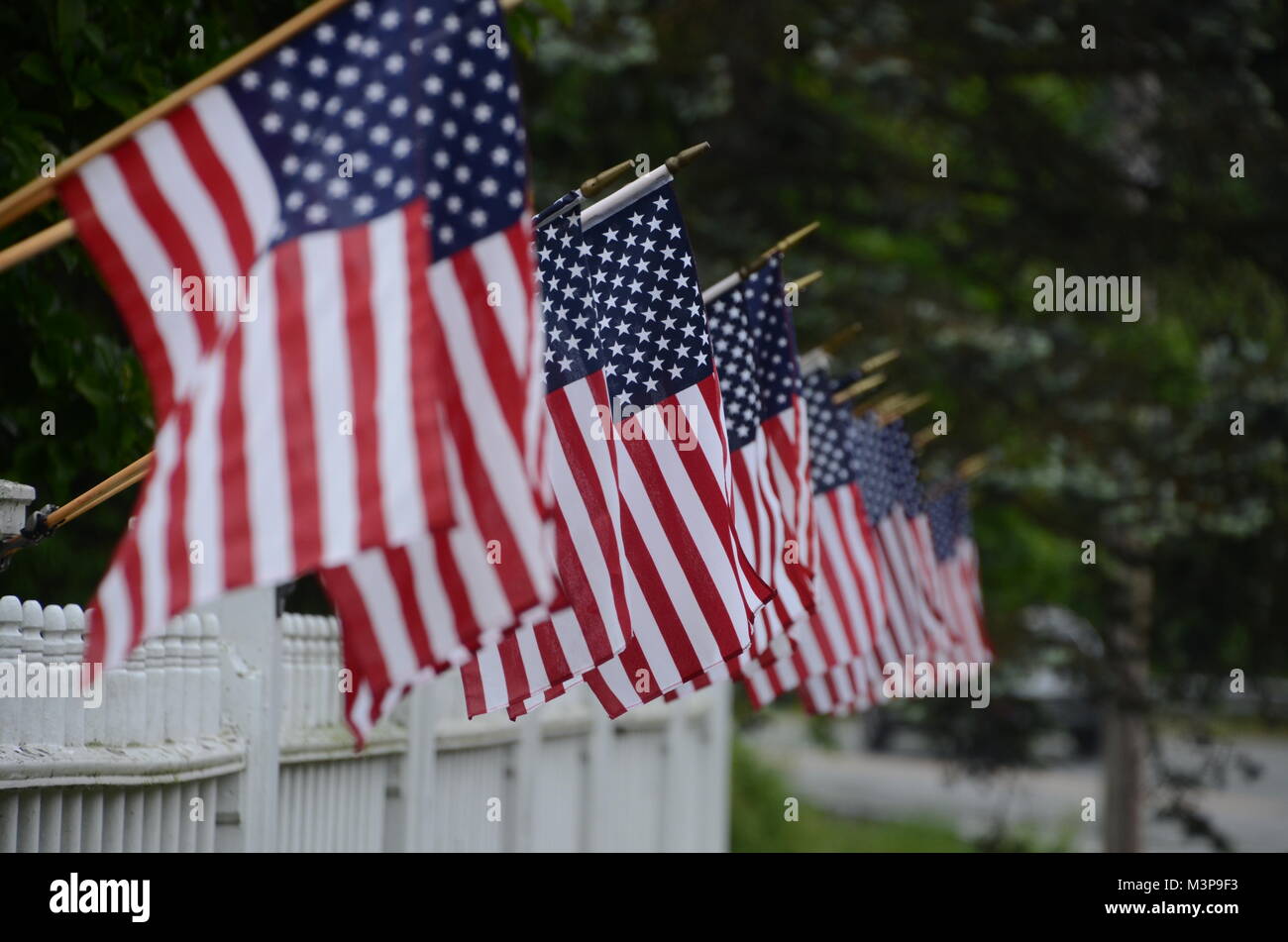 a row of small stars and stripes american flags on a rhode island ...