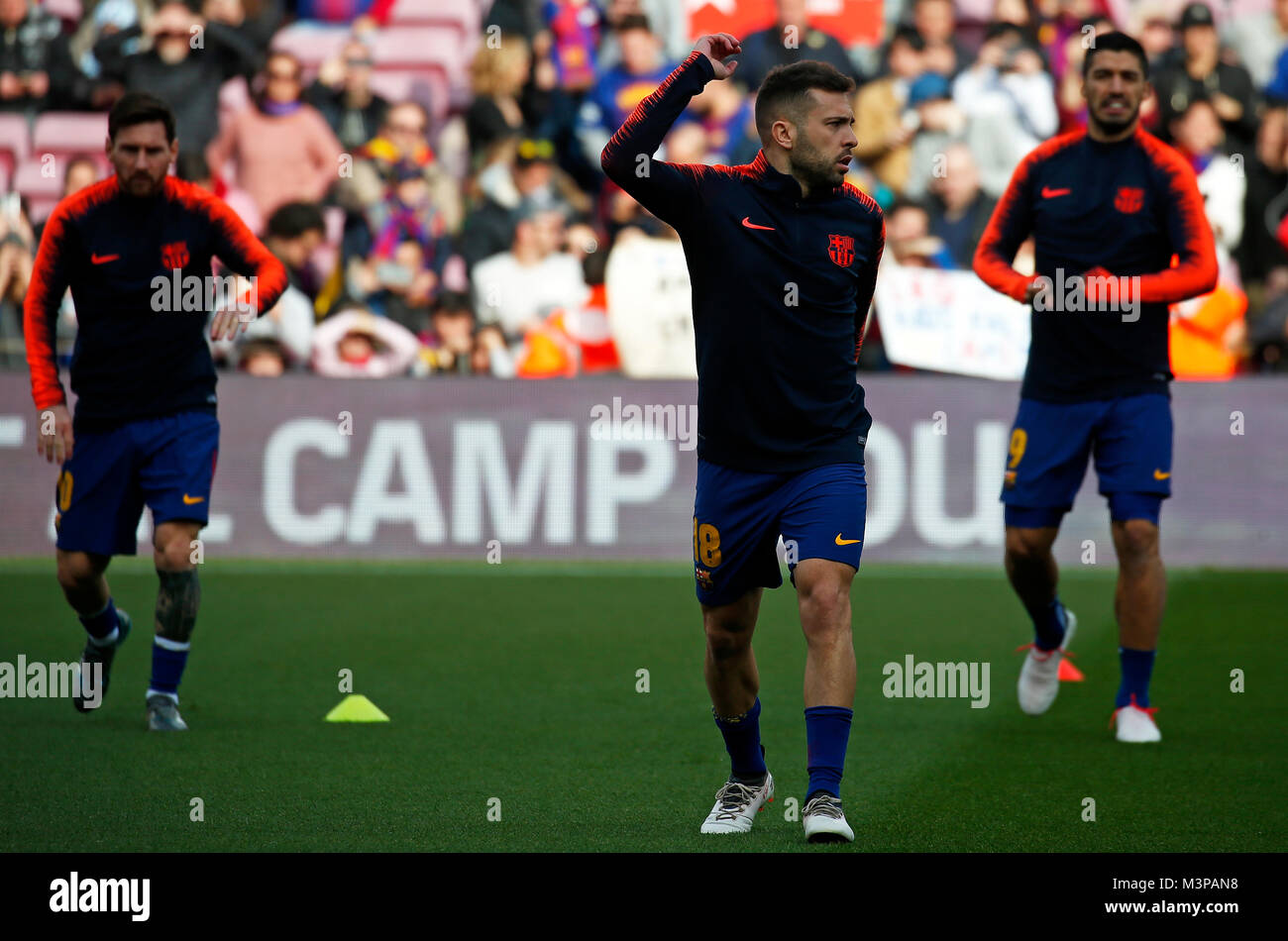 Barcelona, Spain. 11th Feb, 2018. Jordi Alba, Leo Messi and Luis Suarez ...