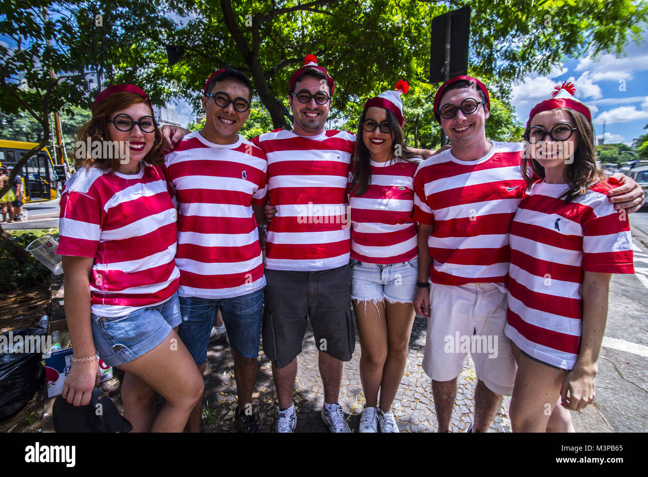 Sao Paulo, Brazil. 12th Feb, 2018. Revelers pose during street Carnival ...