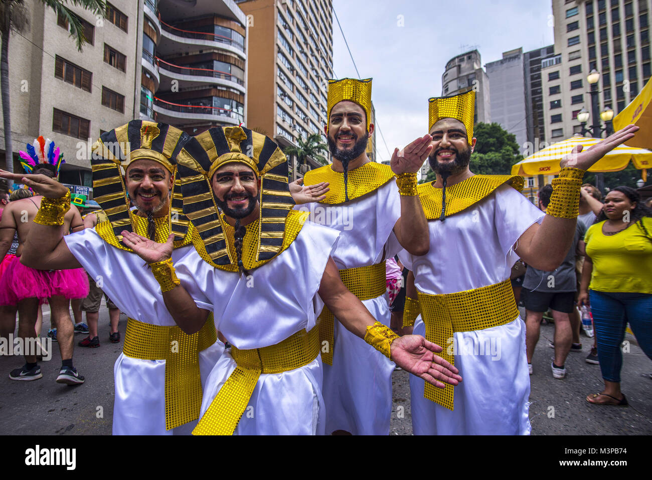 Sao Paulo, Brazil. 12th Feb, 2018. Revelers pose during street Carnival ...