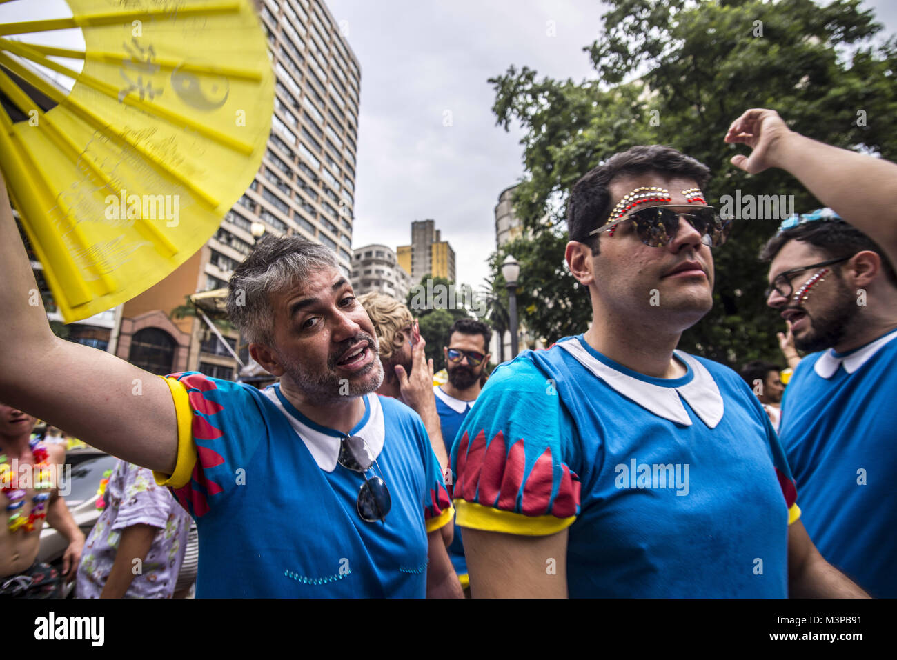 Sao Paulo, Brazil. 12th Feb, 2018. Revelers pose during street Carnival ...