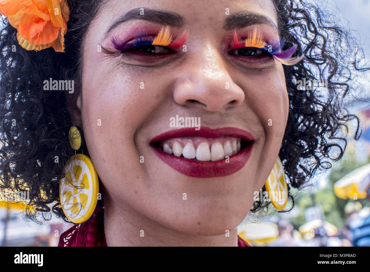 Sao Paulo, Brazil. 12th Feb, 2018. Revelers pose during street Carnival ...