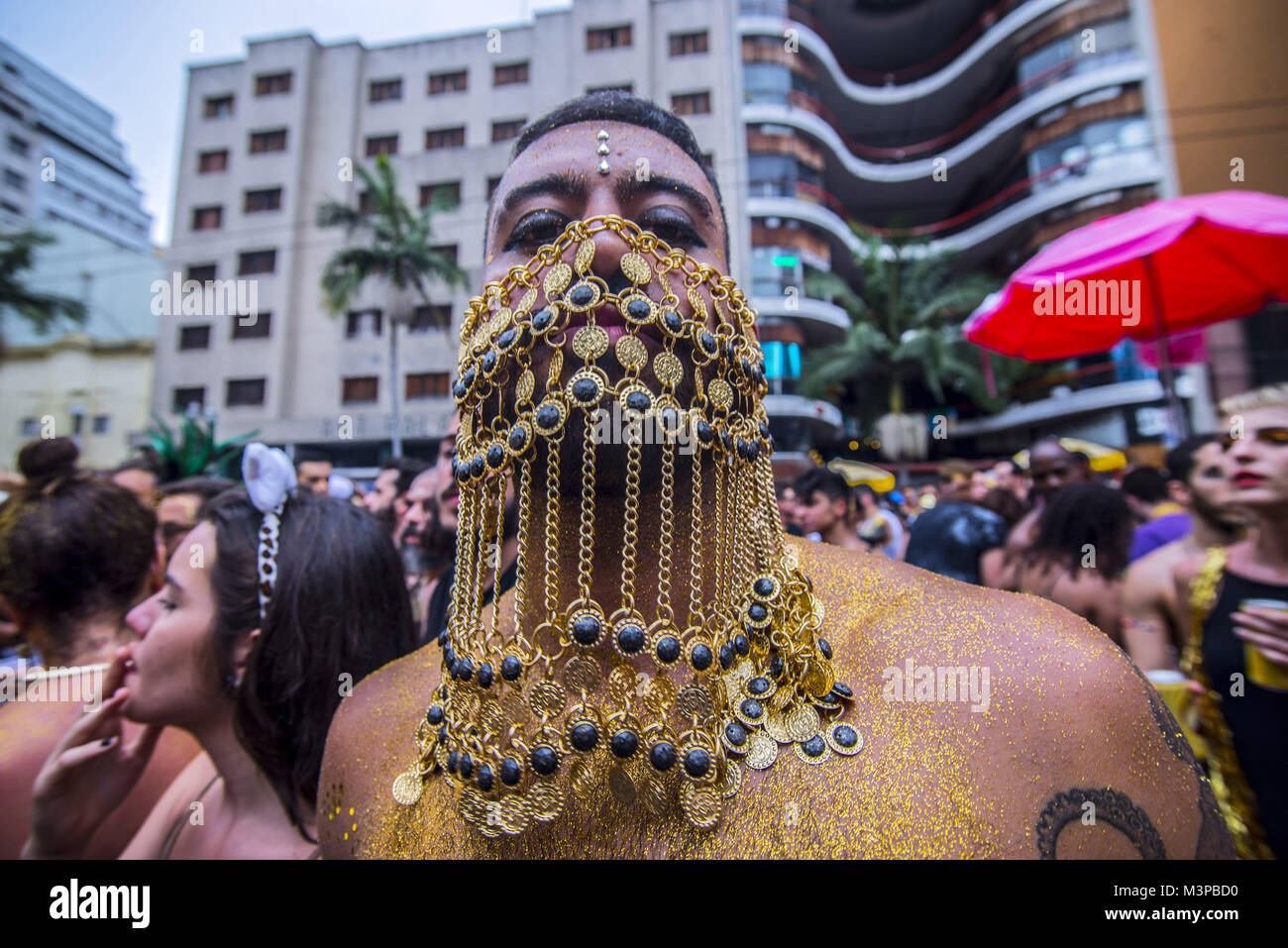Sao Paulo, Brazil. 12th Feb, 2018. Revelers pose during street Carnival ...
