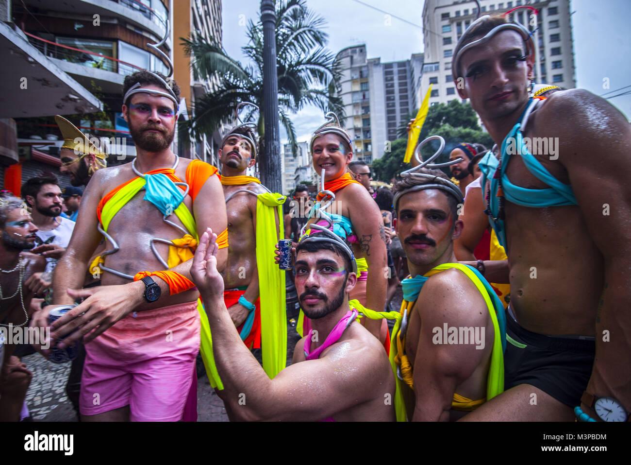 Sao Paulo, Brazil. 12th Feb, 2018. Revelers pose during street Carnival ...