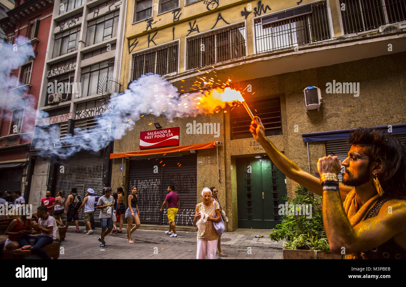 Sao Paulo, Brazil. 12th Feb, 2018. Revelers pose during street Carnival ...