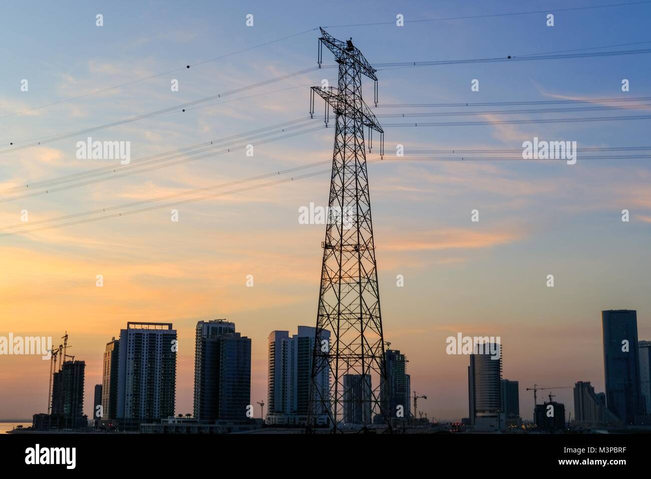 High voltage Electricty Power lines distributed through Ocean with ...