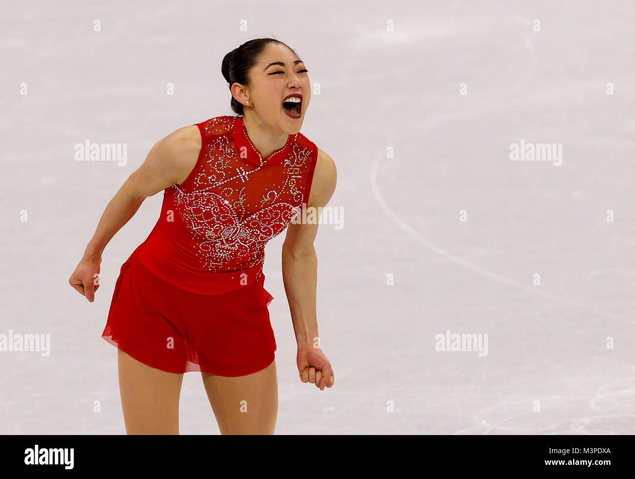 Gangneung, South Korea. 12th Feb, 2018. Mirai Nagasu of USA reacts ...
