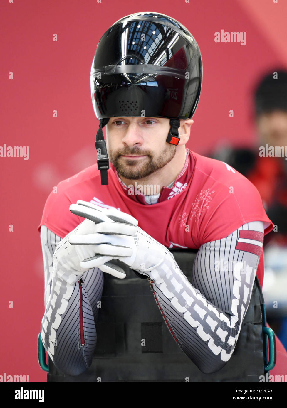 Skeleton pilot Martins Dukurs of Latvia waits for his start during a ...