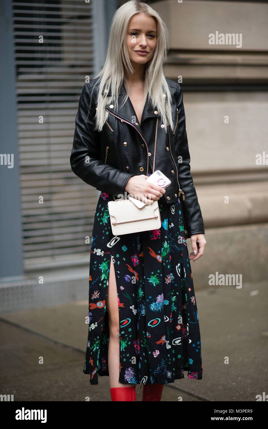 New York City, USA. 11th Feb, 2018. A chic showgoer arriving for the ...