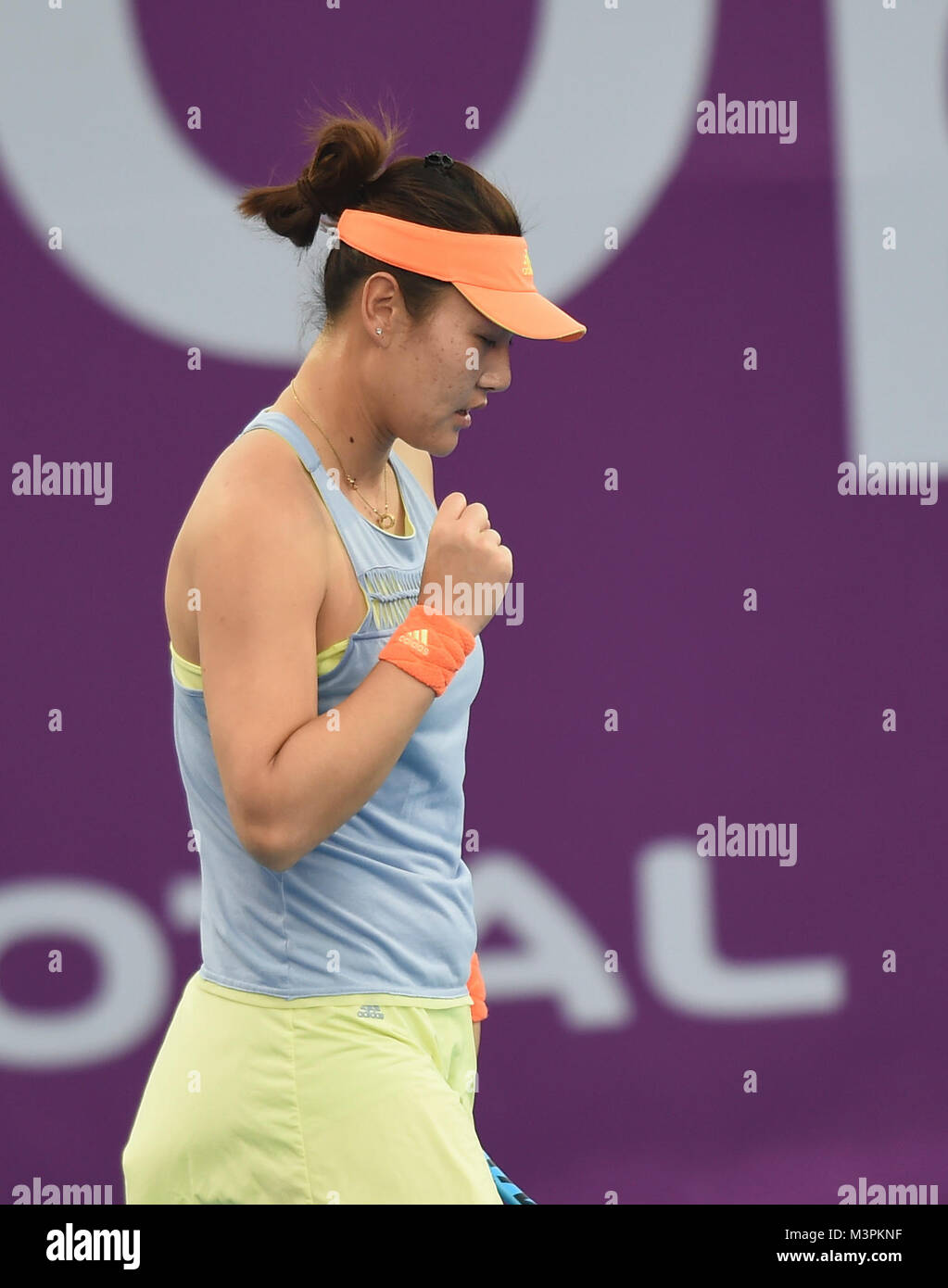 Doha, Qatar. 12th Feb, 2018. Duan Yingying of China celebrates scoring ...