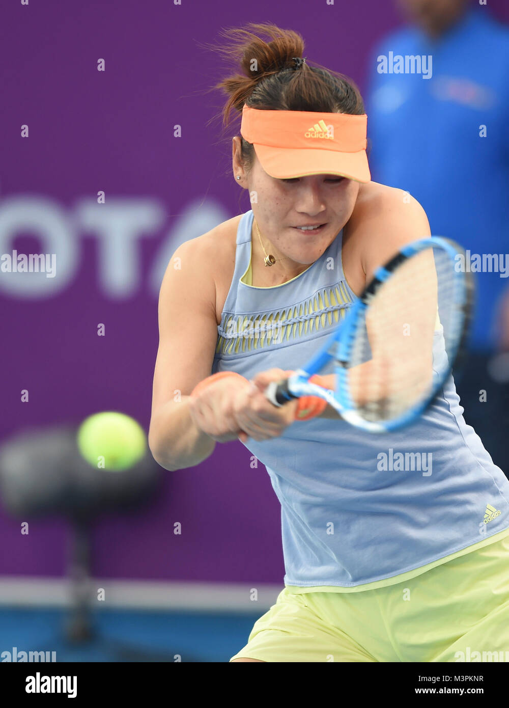 Doha, Qatar. 12th Feb, 2018. Duan Yingying of China hits a return ...