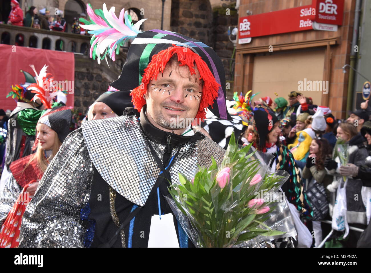 Duesseldorf, Germany, 12 Febraury 2018. Carnival-goers in costume take ...