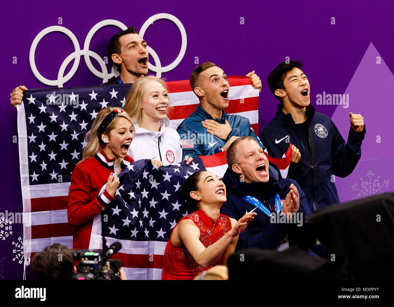 Gangneung, South Korea. 12th Feb, 2018. Mirai Nagasu of USA reacts with ...
