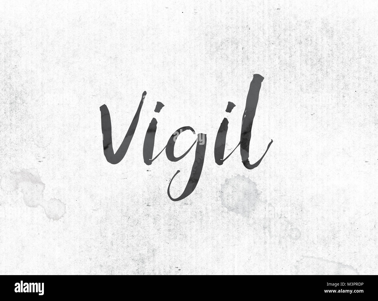 The word Vigil concept and theme painted in black ink on a watercolor ...