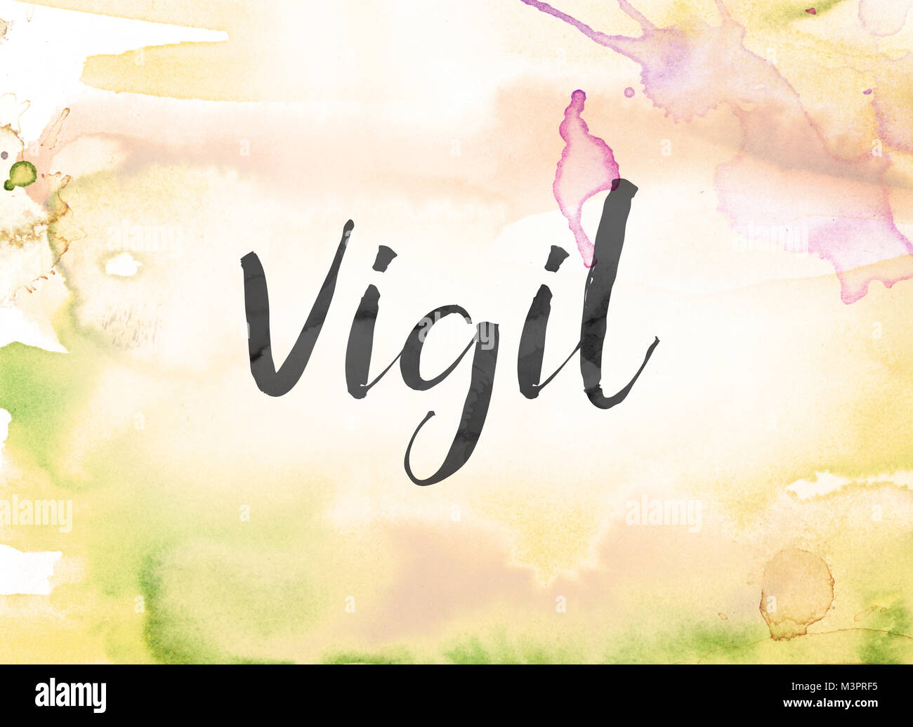 The word Vigil concept and theme written in black ink on a colorful ...