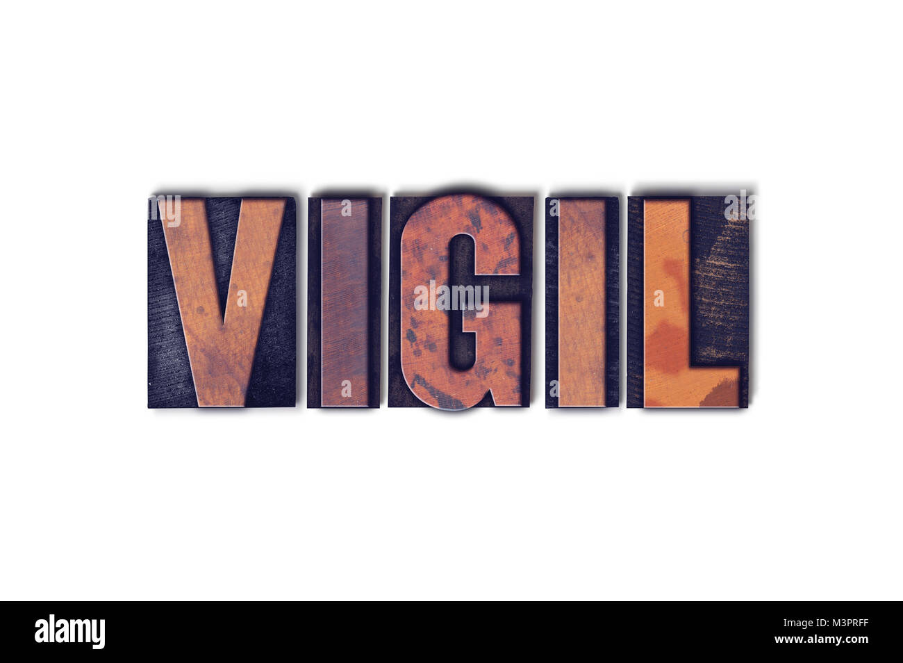 The word Vigil concept and theme written in vintage wooden letterpress ...