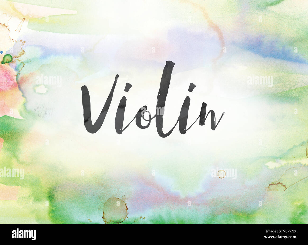 The word Violin concept and theme written in black ink on a colorful ...