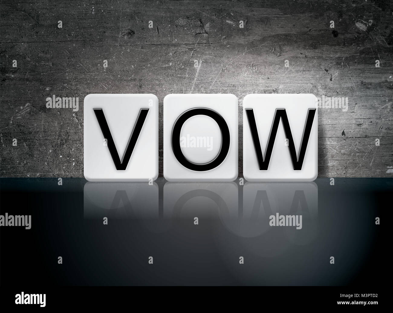 The word Vow concept and theme written in white tiles on a dark ...