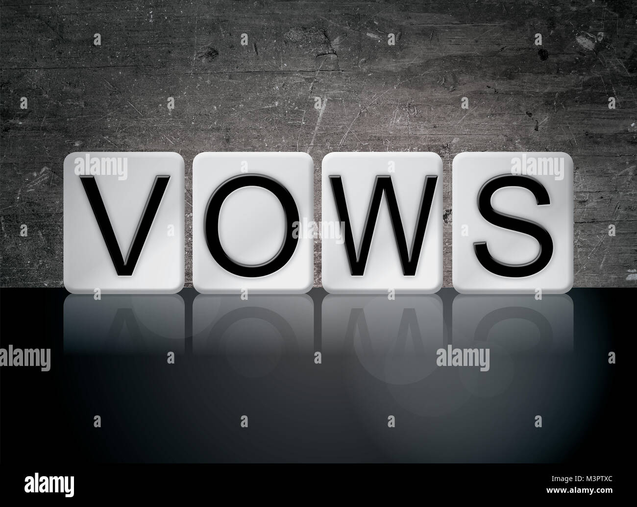 The word Vows concept and theme written in white tiles on a dark ...