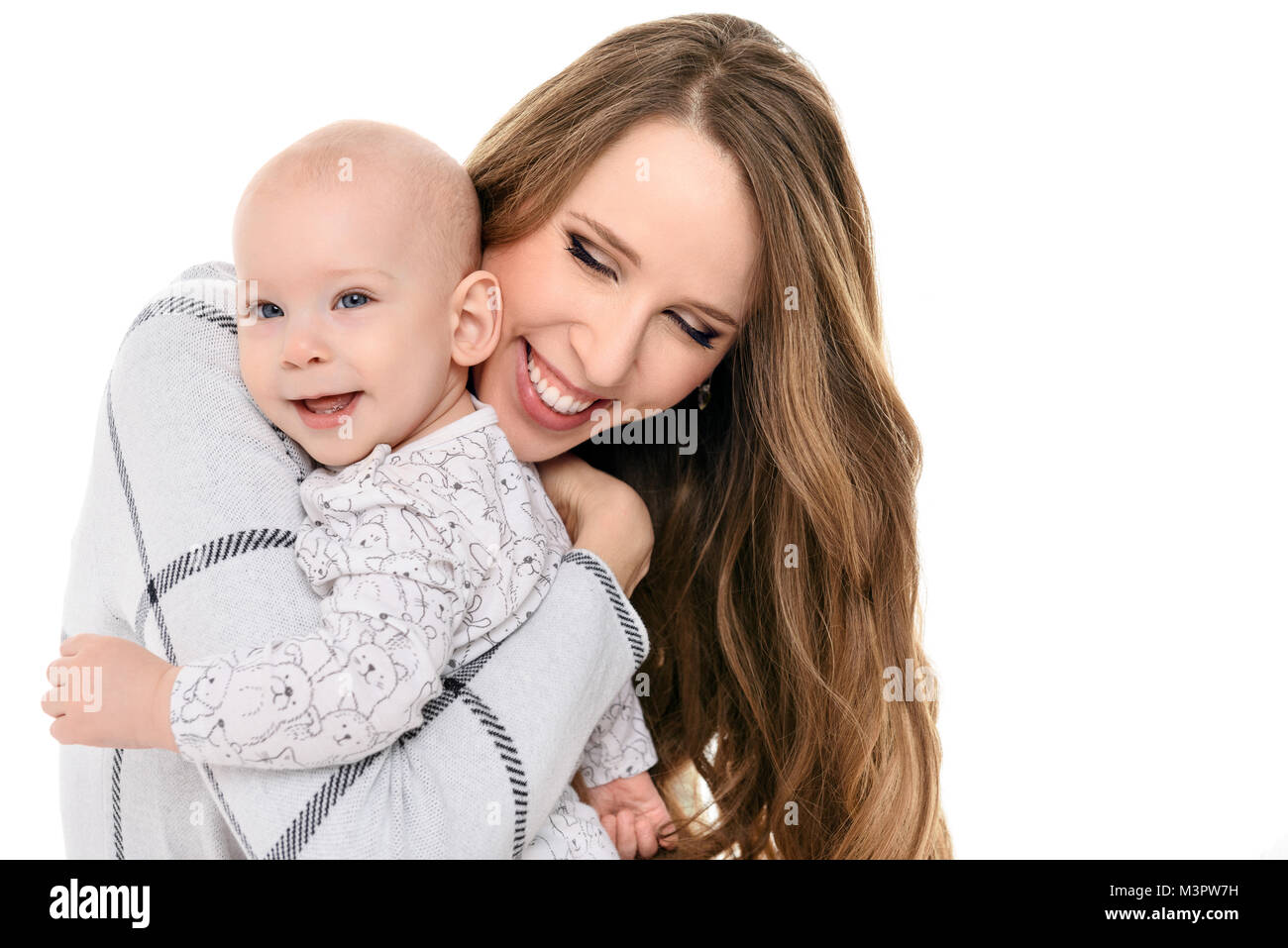 Happy mother hugging her adorable baby son. Happy family. Mother and newborn child portrait ...