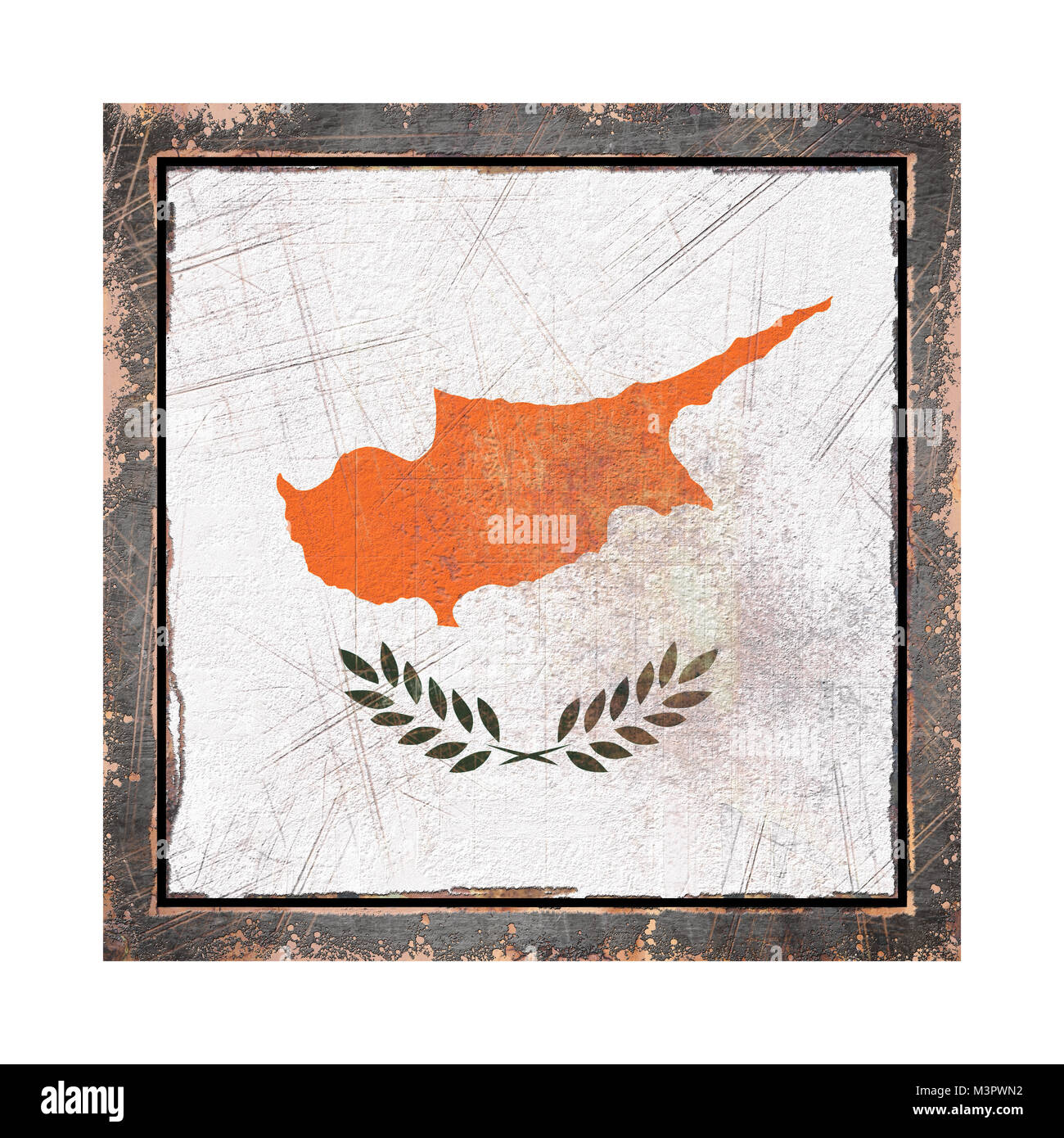 3d rendering of a Cyprus flag over a rusty metallic plate wit a rusty ...