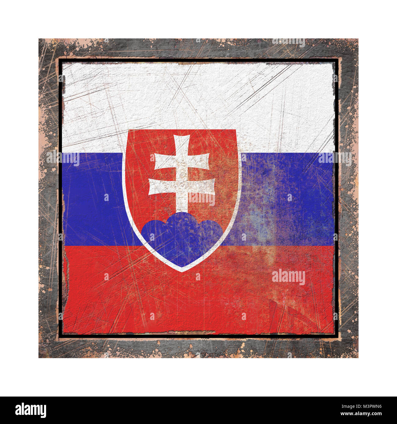 3d rendering of a Slovakia flag over a rusty metallic plate wit a rusty ...