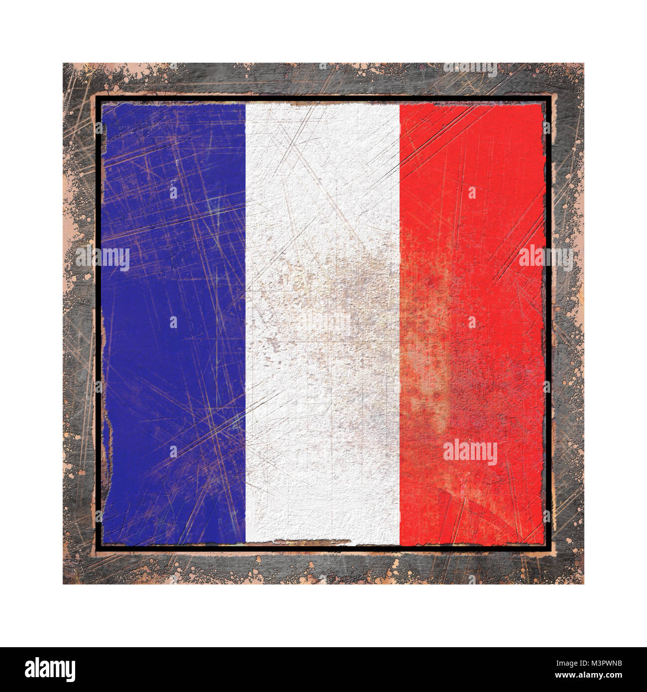 3d rendering of a France flag over a rusty metallic plate wit a rusty ...