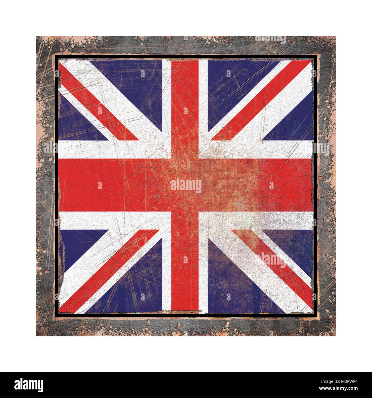 3d rendering of an United Kingdom flag over a rusty metallic plate wit ...