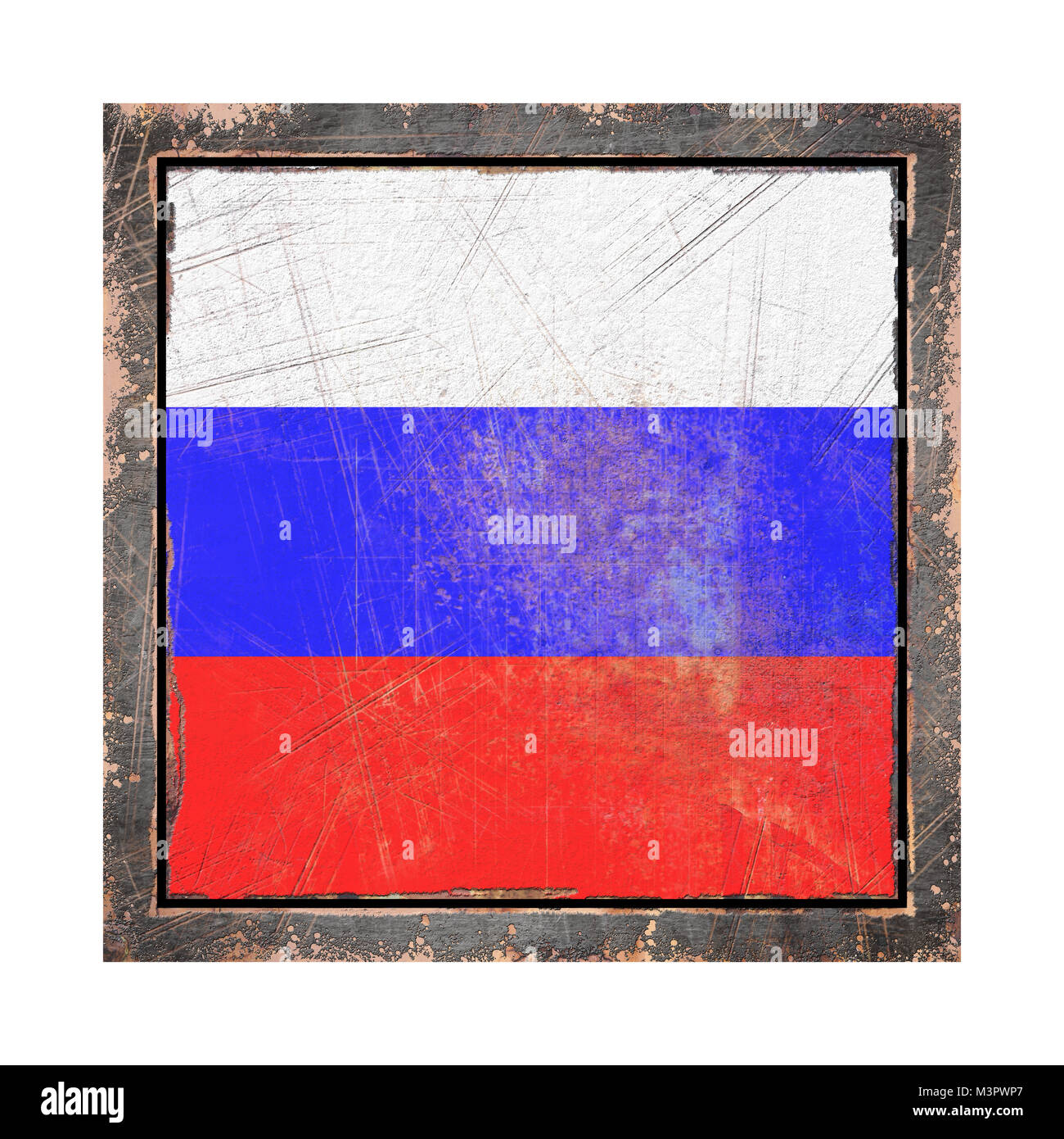 3d rendering of a Russian Federation flag over a rusty metallic plate ...